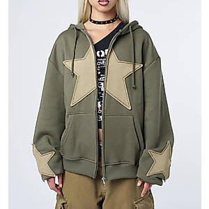 Cbsdezanos Womens Y2k Star Graphic Zip Up Hoodie Long Sleeve Oversized Sweatshirt Punk Goth Jacket Aesthetic Harajuku Streetwear (Star hoodie Green, S)