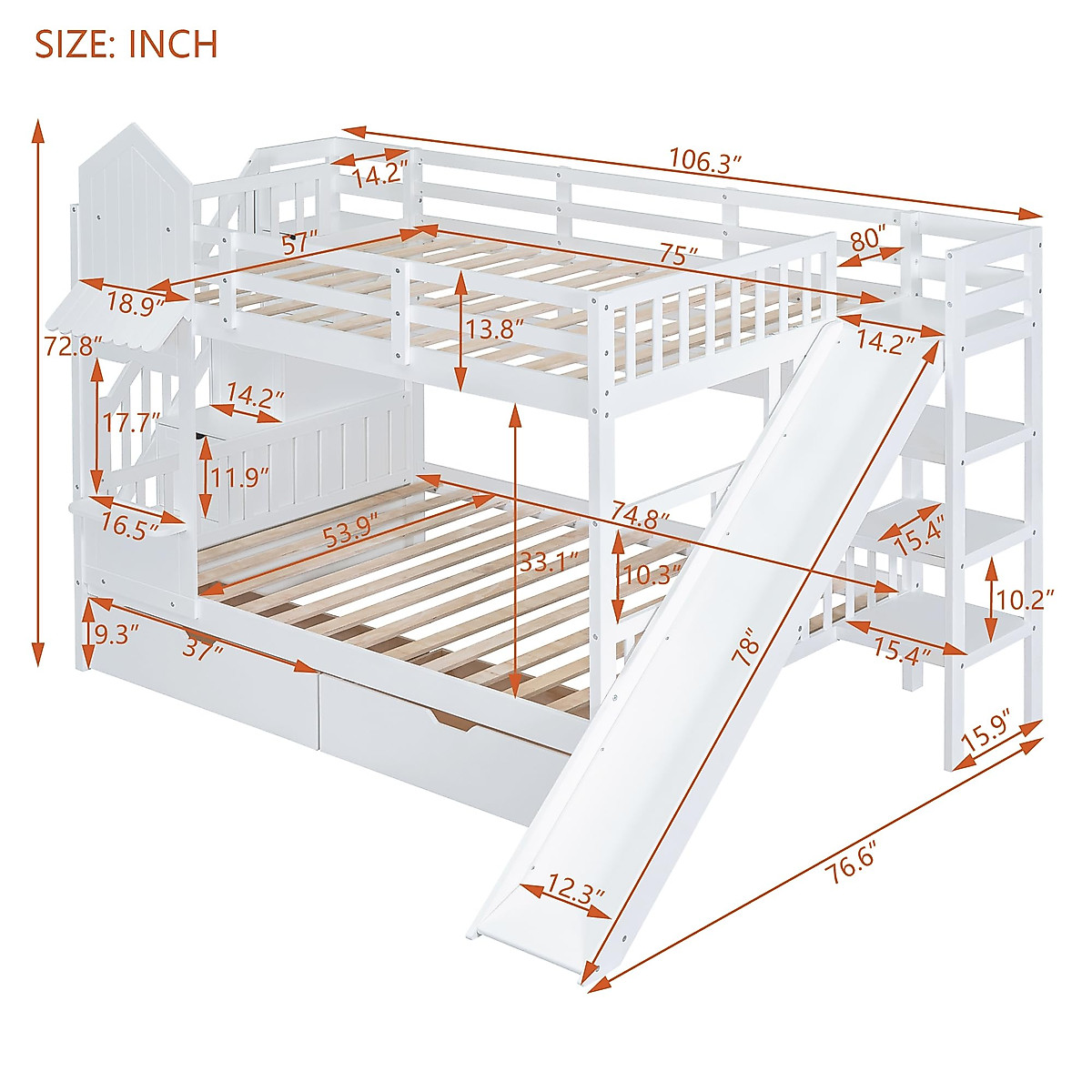 Harper & Bright Designs Full Over Full Bunk Bed with Stairs and Slide, Solid Wood Bunk Bed Frame with Storage Drawers and Bookshelf, for Kids Teens Adults- White