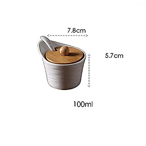 Ceramic Condiment Jar Pots 5 pcs Set durable Round Shape Seasoning Jar with Holder,Spoon and Bamboo Lids for Home Kitchen