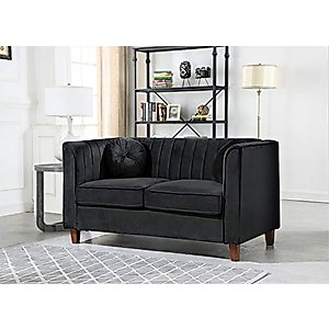 US Pride Furniture 55" Chesterfield Velvet Loveseat with Vertical Channel Tufted Backrest & Tapered Wood Legs - 2 Seater Couch for Living Room, Bedroom or Office, Midnight Black