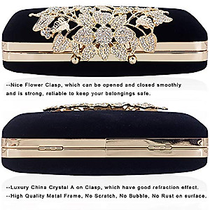 Dexmay Velvet Women Clutch Evening Bag with Rhinestone Crystal Flower Clasp Formal Purse for Party Black