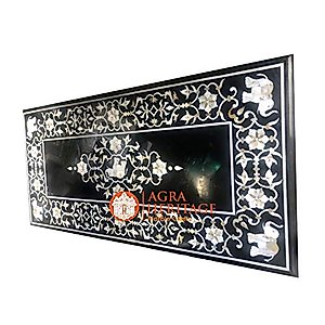 Black Marble Inlay Dining Table Top Mother of Pearl Precious Stone Design Decor