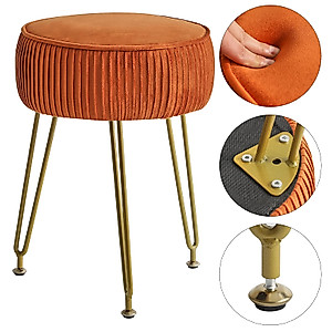 IBUYKE Velvet Round Footrest Stool Ottoman, Makeup Vanity Stool Side Table, Velvet Dressing Table Seat, Pouf Couch Stool, Golden Steel Legs, Orange LG-30J