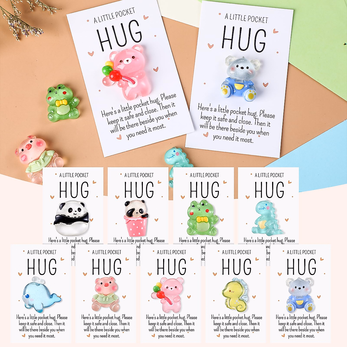 Wonderjune 9 Sets Little Resin Animal Pocket Hug Bulk Small Emotional Support Gifts with Inspirational Positive Pocket Hug Card for Appreciation Coworker Staff Friends Family Gifts (Cute Style)