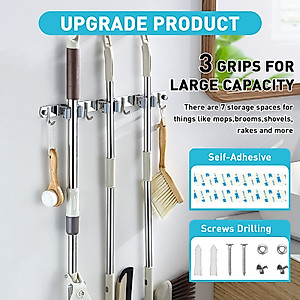 Broom Mop Holder Wall Mount, Garage Organization Tool Organizer Storage Broom Closet Kitchen Organization Heavy Duty Garage Tools Hanger with 3 Racks 4 Hooks for Home Kitchen Garden Laundry Room