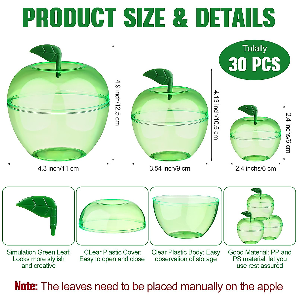 Menkxi 30 Pcs 3 Sizes Plastic Apple Container End of School Treat Boxes Candy Holder Teacher Gifts Bobbing Apples Candy Jar Gifts for Christmas Valentine‘s Day Wedding Snow Party Favor(Green)