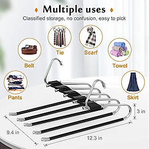 Loretoy 2 Pack Pants Hangers Space Saving, Anti-Slip Multi-Functional Pants Rack, Thickened Stainless Steel Tube with 10 Metal Clips, Two Hanging Modes Suitable for Jeans Trousers Skirts Scarf-Black
