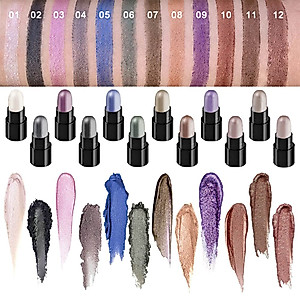 AMY'S DIARY 12 Colors Glitter Eyeshadow Stick Pen Makeup Set, Smoky Eye Shadow Pencil Crayon DNM Waterproof Gold Gray Silver White Blue Brown Green Cream Eye Glitter Eyeshadow Stick Set