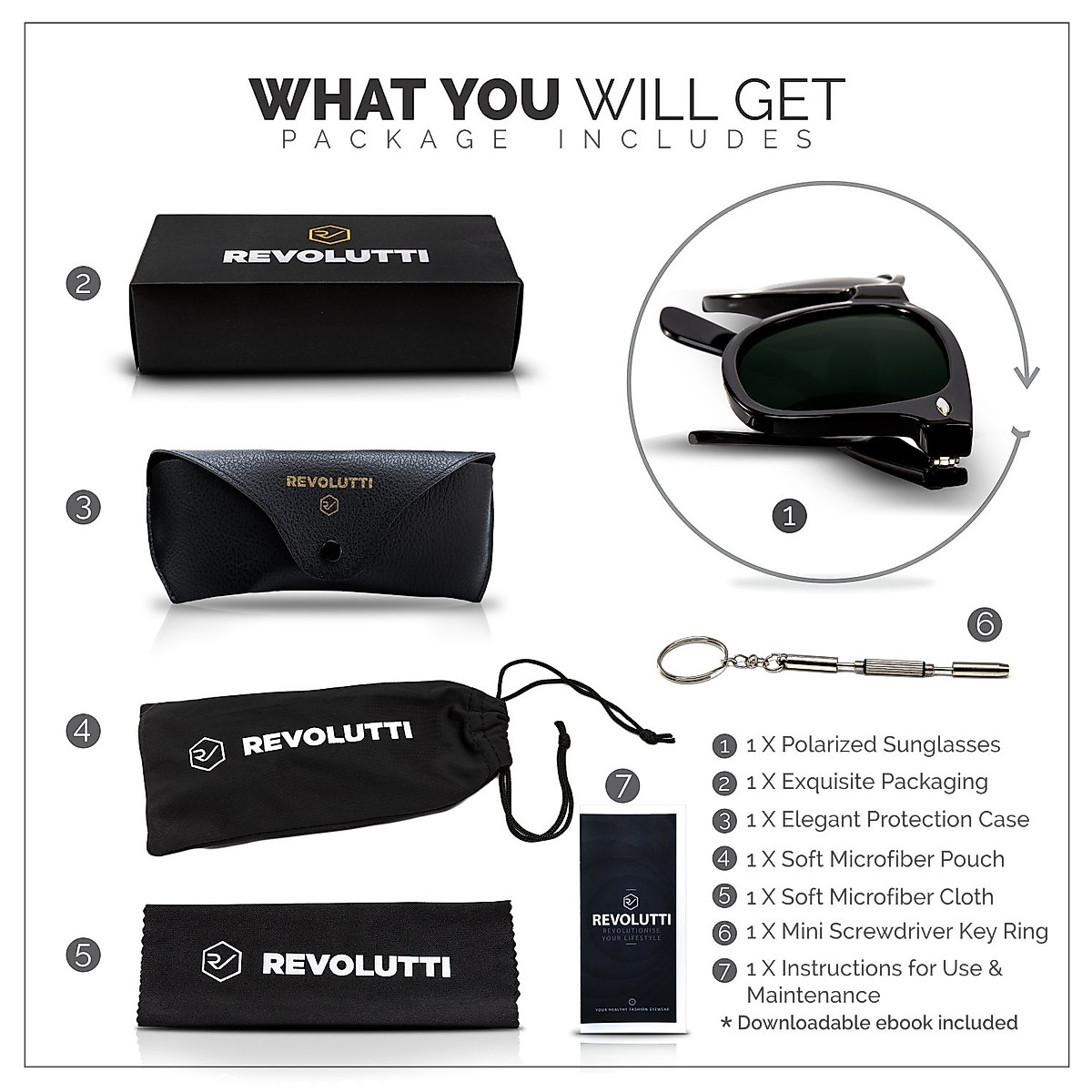 REVOLUTTI Polarized Sunglasses for Men and Women | Black UV400 Protection Factor Anti Glare, Anti Reflective and Shatterproof Lenses with Complete Maintenance Set