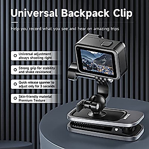 TELESIN 360 Swivel Clip Backpack Mount with Ball Head Pivot, Bag Shoulder Body Strap Holder Attach for GoPro Max Hero 11 10 9 8 7 6 5, Insta360 X2 X3, DJI Action 2 3 Accessories