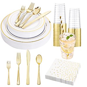 Ciaell 250PCS White and Gold Plastic Plates - Gold Disposable Plastic Plates Sets include 50Plates, 25Knives, 25Forks, 25Spoons, 25Mini Fork, 25 Cups, 25Paper Straws, 50Napkins for Thanksgiving, Party