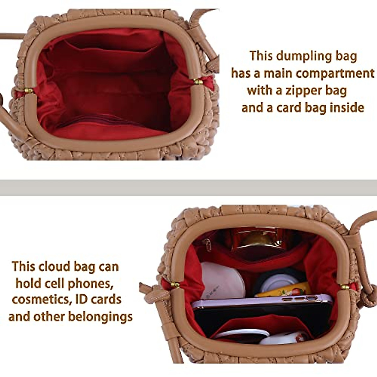 ELDA Dumpling Bag for Women Quilted Clutch Handbag Cloud Purse Fashion Ruched Bag Handmade Leather Hobo Bag