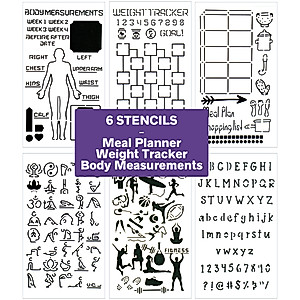 Health and Fitness Journal Stencil Set - Custom-Designed Supplies for Bullet Dot Journal Workout Planners with DIY Templates to Track Habits, Exercise, Weight and Meal Planning by Sunny Streak
