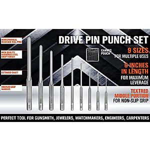 9-Piece Roll Pin Punch Set - Fast Pin Removal - Durable Steel & Construction - For Automotive, Firearm Maintenance, Gunsmithing, Watch, Jewelry & Craft Repair - Knurled Grip - Versatile Sizes