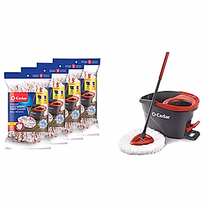 O-Cedar EasyWring Deep Clean Refill (4-Pack) | 40% More Cleaning Power | Microfiber Mop Refill + O-Cedar EasyWring Microfiber Spin Mop, Bucket Floor Cleaning System, Red, Gray