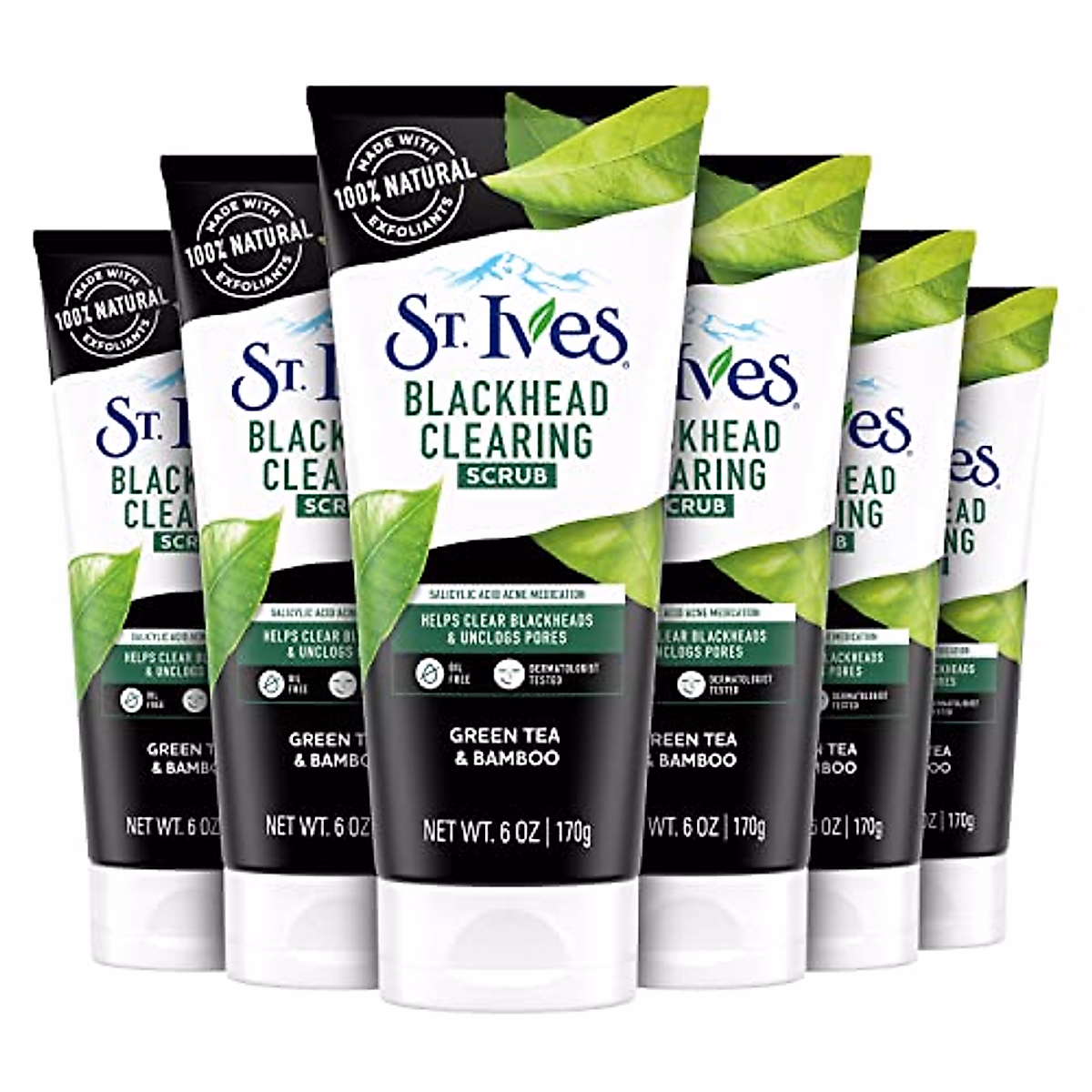 St. Ives Blackhead Clearing Face Scrub, Clears Blackheads & Unclogs Pores, Green Tea & Bamboo, Salicylic Acid Acne Treatment Facial Scrub, Moderate Exfoliator with Natural Exfoliants 6 oz, 6 Pack