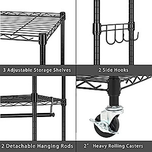 Finnhomy 47.2" L Metal Clothes Rack for Hanging Clothes 25mm Dia Tube Heavy Duty Garment Rack with 3-Tier Shelves/ Double Hanging Rods/ Lockable Wheels, Portable Closet Storage Rack Freestanding Wardrobe Closet Organizer