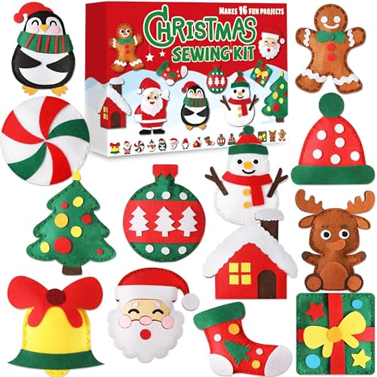 16 Sets Merry Christmas DIY Stuffed Craft Kit Christmas Sewing Kit Xmas Tree DIY Sewing Set for Beginners Snowman Educational Gift Set for Boys and Girls Xmas Felt Ornaments Decorations for kids