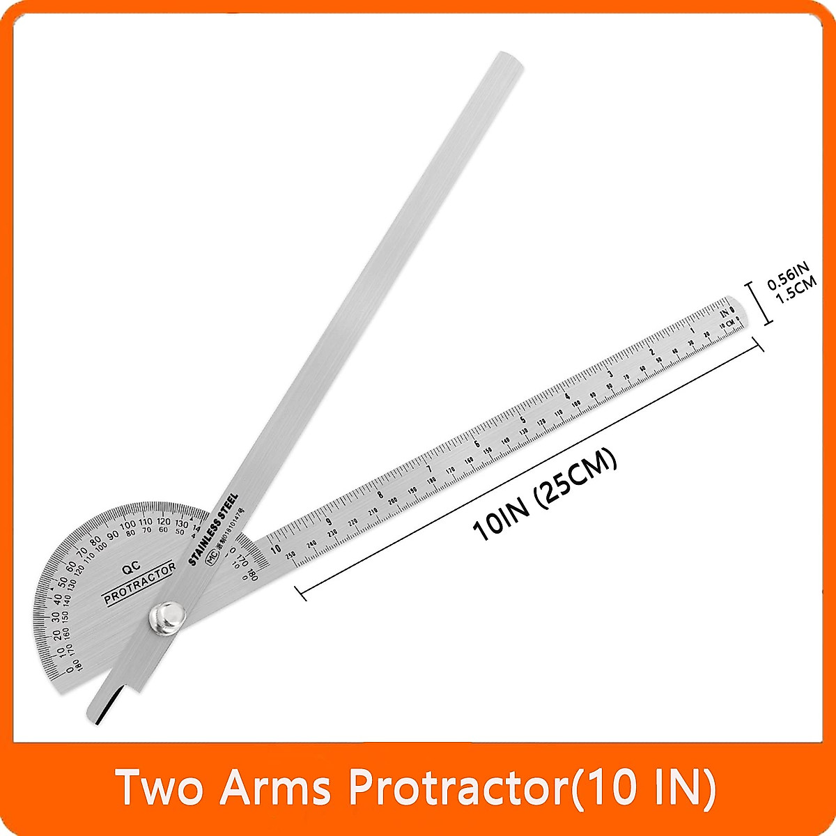Angle Finder,Both Arms Stainless Steel Protractor with 0-180 Degrees Angle 10 inch,250mm,30cm Scale Woodworking Ruler Angle Finder Ruler with Inch Units