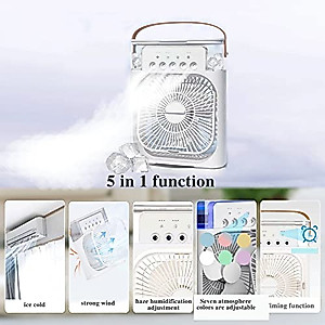 Portable Air Conditioners Fan, 4-IN-1 Personal Mini Cooling Unit with 3-Speeds, 5 Misting Holes, 7-Color Light, USB Handle, Auto Timer, Ideal for Room, Office, Travel (White)