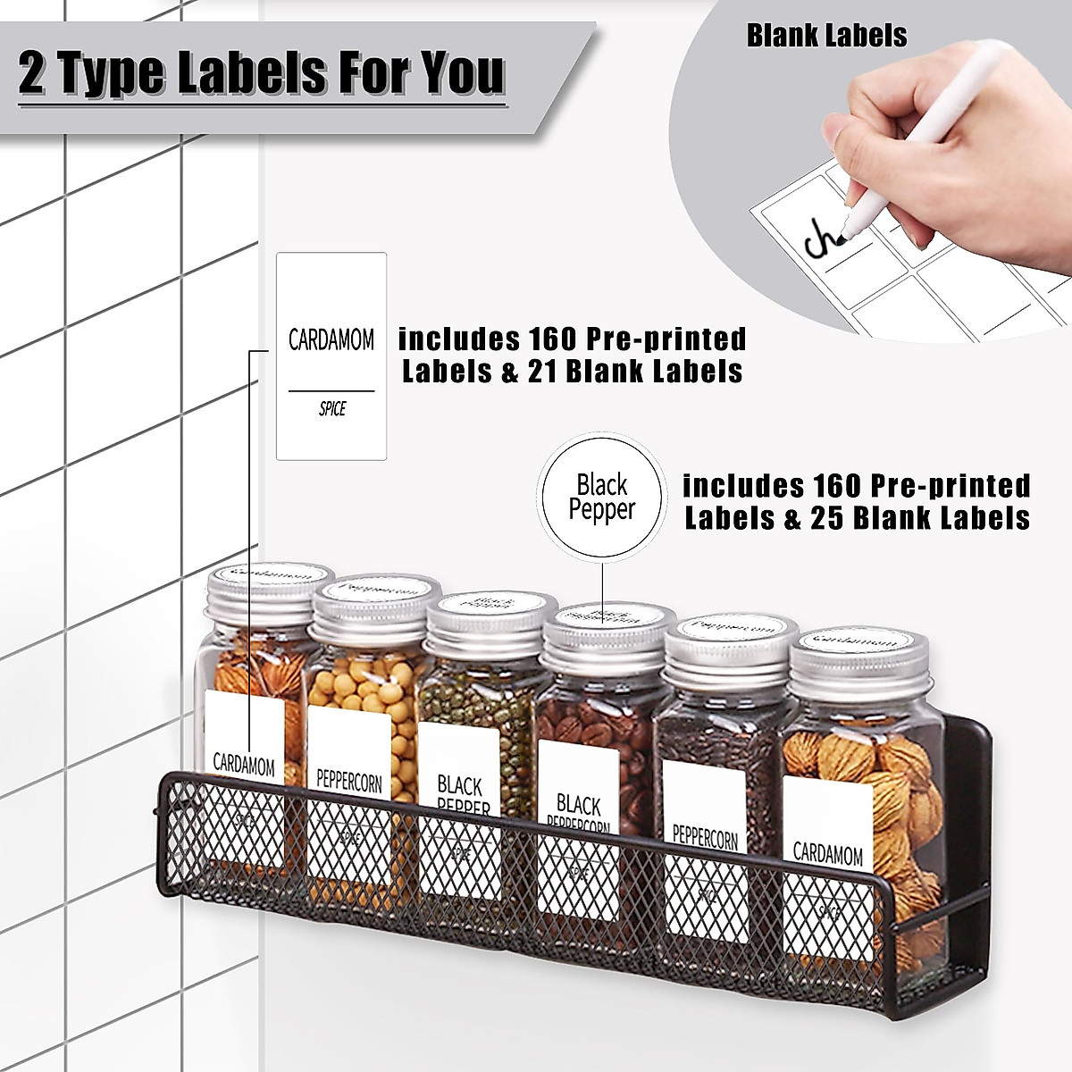 Churboro 4 Pack Magnetic Spice Rack Organizer with 24 Glass Spice Jars-Moveable Magnetic Shelf for Refrigerator- 4 oz Spice Containers with Labels, Medium, Metal Black