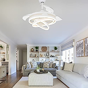 42 Inch Retractable Ceiling Fan, Modern Ceiling Fans with Lights Remote, Silent DC Motor 6 Speeds 3 Color Light, Retractable Blade Ceiling Fan White