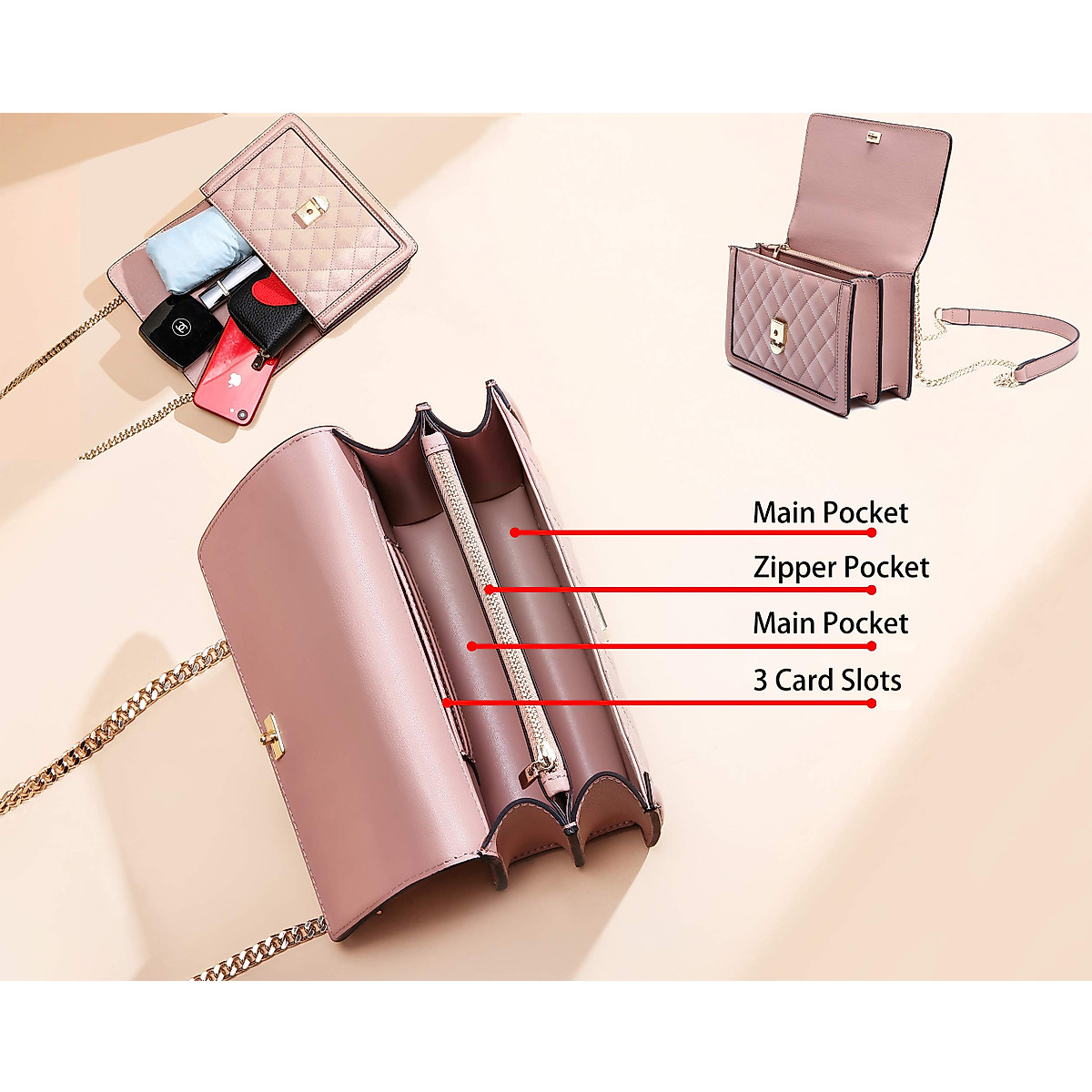 Plergi Small Genuine Leather Crossbody Quilted Handbag with Golden Chain Strap Lightweight Cellphone Purse for Women