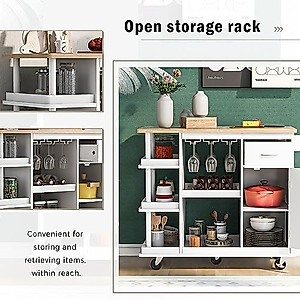 Kitchen Island Cart on Wheels with Storage Drawers, Multipurpose Kitchen Cart Cabinet with Side Storage Shelves and Wine Rack Kitchen Island with Rubber Wood Top for Dining Room, Home, Bar, White