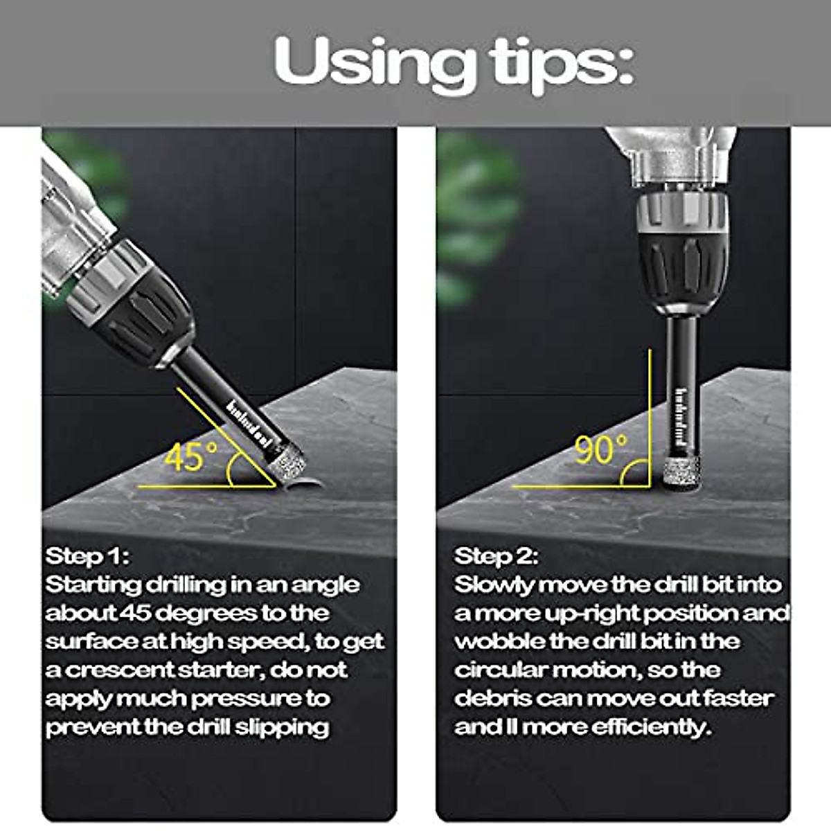 Mgtgbao 7pc Black Dry Diamond Drill Bits Set for Granite Ceramic Marble Tile Stone Glass Hard Materials (not for Wood), Round Shank with 3/16,1/4, 5/16, 3/8, 1/2, 9/16 inch with Storage Case