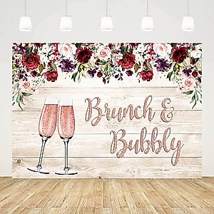 ABLIN 7x5ft Brunch and Bubbly Backdrop for Bridal Shower Rustic White Wood Red Rose Flowers Floor Photo Background Bride to Be Engagement Wedding Party Decorations Banner Props