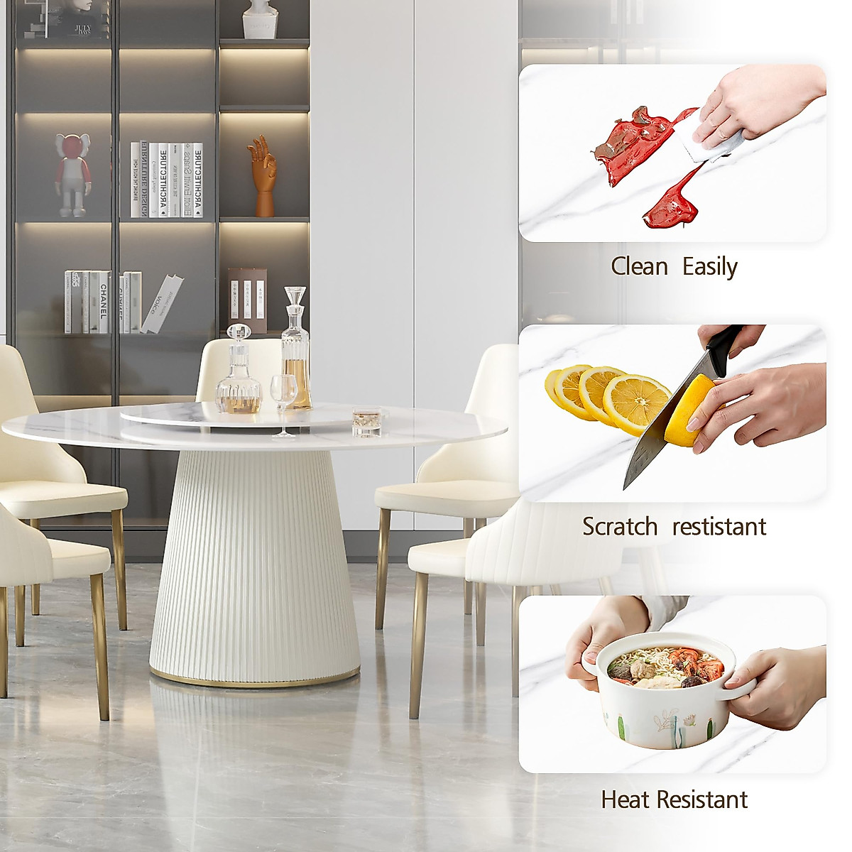 59'' Round Marble Dining Table for 6,Modern White Marble Sintered Stone Round Kitchen Table with Lazy Susan,Faux Marble Dining Table with Solid Wood Pedestal,Wrapped in PU Leather(Only Table)