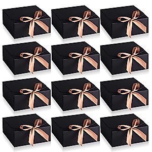 AIEX 12 Pcs Gift Boxes with Lids, 4.5" x4.5"x2" Present Boxes Square Gift Box with Champagne Wrap Ribbons, Gift Wrap Boxes for Birthday Wedding Party Christmas Chocolate Candy (Black)