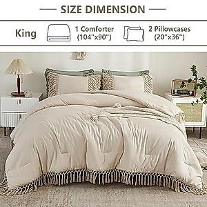 Andency King Size Comforter Set Beige, 3 Pieces Boho Tassel Lightweight Soft Bedding Comforter Sets for King Bed, All Season Fluffy Bed Set (104x90In Comforter & 2 Pillowcases)