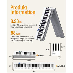 KONIX Folding Piano Keyboard, 88 Keys Full Size Semi-Weighted Foldable Piano, Portable Electronic Keyboard Piano with Light Up Keys, Sustain Pedal, Keyboard Stickers, Music Stand and Piano Bag, White