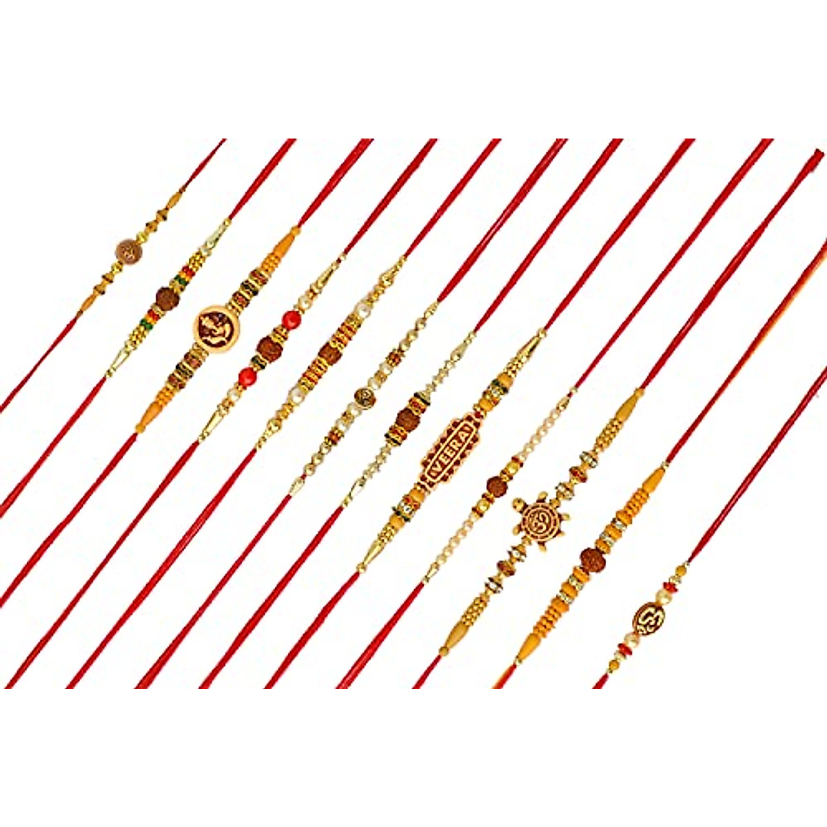 Rakhi for brother | Rakhi Set of 12 for Brother | Rakhee Bracelet on Festival of Raksha Bandhan for Brothers | Made by fine Threads Rudraksha Kundan Multicolored Stone and Small White Beads