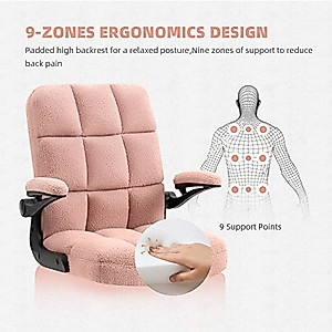 SEATZONE Pink Home Office Desk Chairs with Flip-up Armrest, Faux Fur, Fuzzy Computer Rolling Chair with Wheels, Adjustable Backward Tilt