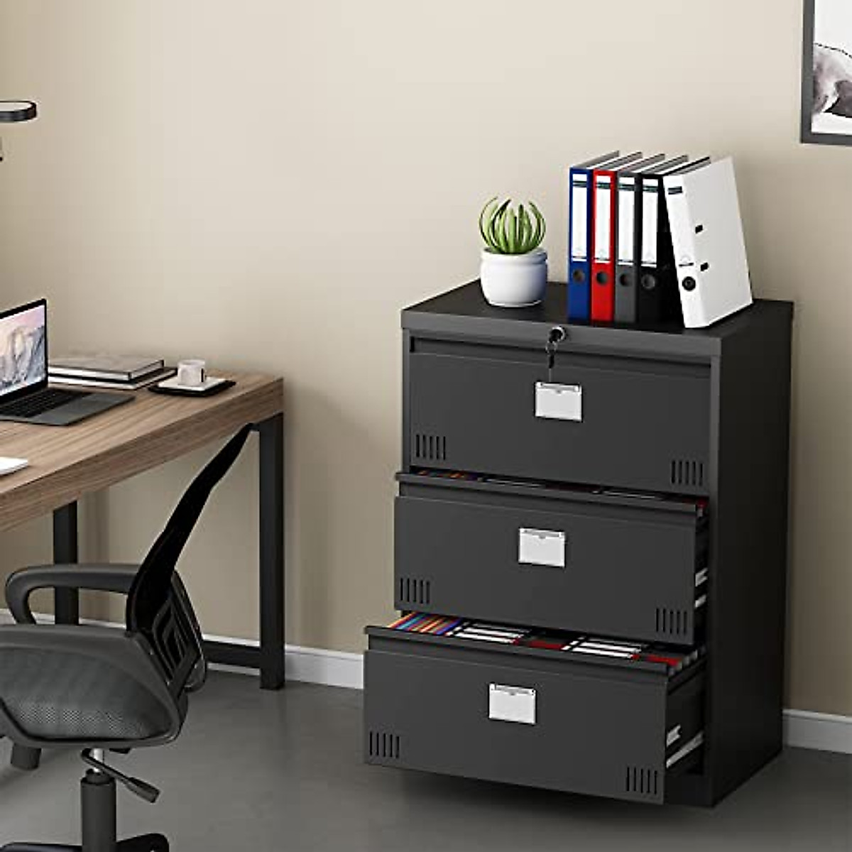 kingwolfox 3 Drawer Lateral File Cabinet with Lock, Locking lateral Filing Cabinet for Office Metal Steel File Drawers Cabinet, Lockable Horizontal File Cabinet for Hanging Legal.