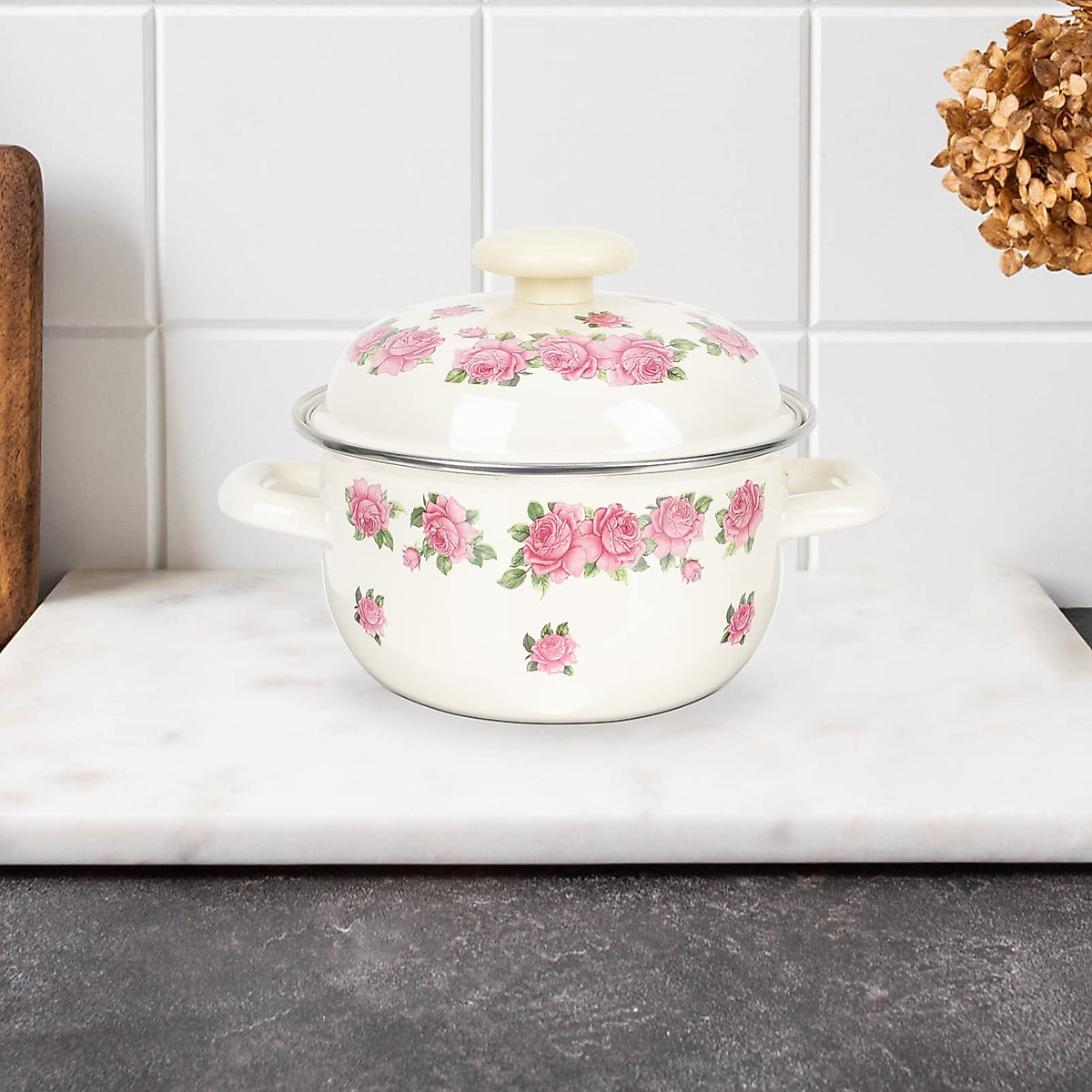 Zerodeko Pots Pioneer Woman Cookware Flower Enamel Stock Pot with Lid Cooking Pot Non Stick Soup Pot Casserole Pot Pasta Pot Sauce Pot with Handle for Kitchen 16cm Pioneer Woman Cookware
