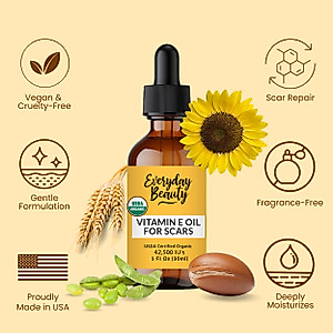 Organic Vitamin E Oil for Scars - All Natural & Vegan Skin Moisturizer 1oz - Light and Unscented Great for Scars After Surgery - Reduce Wrinkles, Anti Aging, Lighten Dark Spots - Face, Skin & All Over