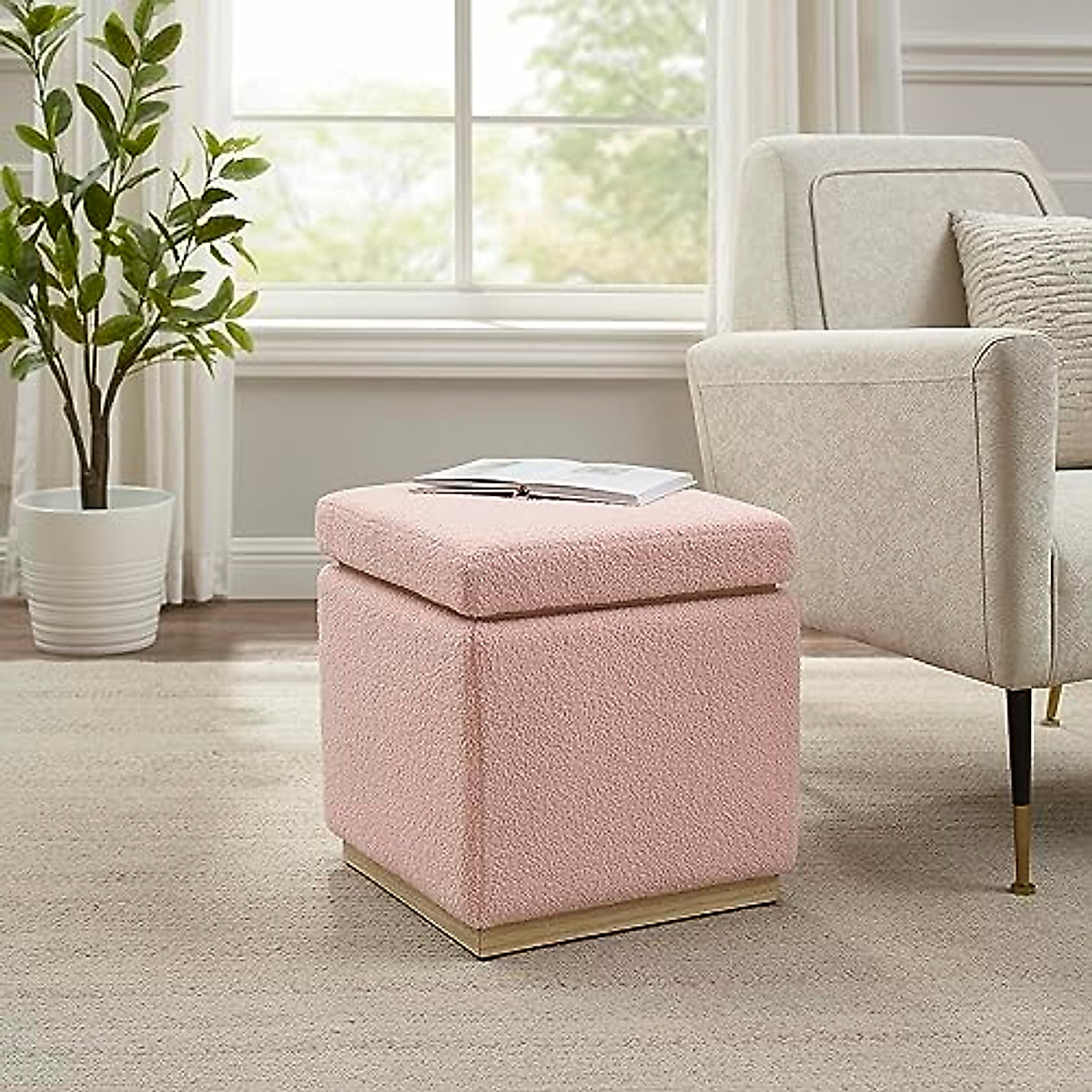 Linon Blush Sherpa Lexington Upholstered Square Storage Ottoman with Pine Wood Accent