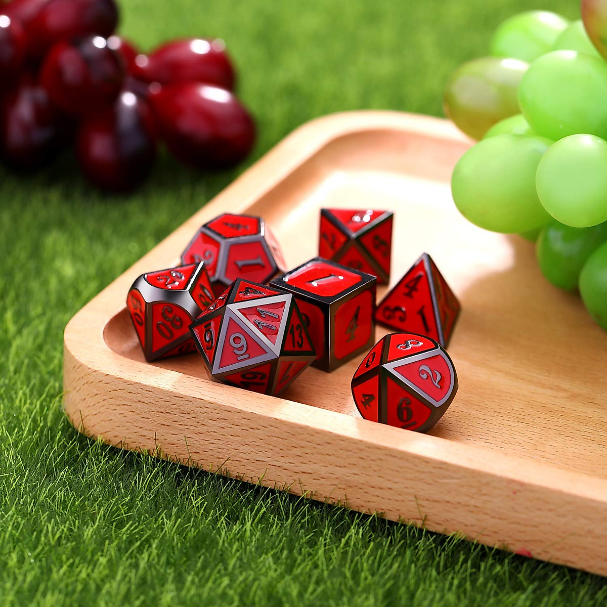 Bememo Polyhedral Metal Dices Set Zinc Alloy with Enamel Solid Metal Compatible with DND Game, Tabletop RPG, Dungeons and Dragons, Math Teaching, 7 Pieces Dice Set with Black Velvet Bag (Black Red)