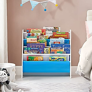 SONGMICS Kids Bookshelf, Toy Organizer & Kids’ Bookcase, Book Organizer, with Anti-Tip Kit, Storage Shelf for Children's Room, Playroom, School, Space-Saving Design, White, Blue and Gray UGKR72WT