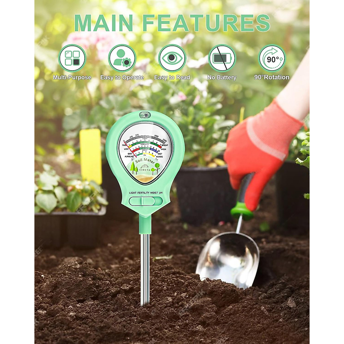 CUBETA 2024 Upgraded Soil Moisture Meter for Plants, Soil pH Meter, 4-in-1 Soil Tester for Light/Moisture/pH/Fertility, Plant Water Meter for Garden, Lawn, Greenhouse, Indoor & Outdoor