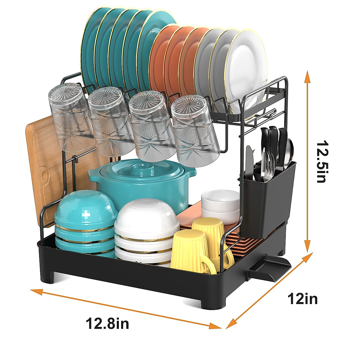 Stofiro Dish Drying Rack with Drainboard, 2 Tier Drying Rack for Kitchen Counter, Rustproof Multipurpose Dish Rack with Cutting Board Holder, Drainage, Utensil Holder, Cup Holder, Dryer Mat