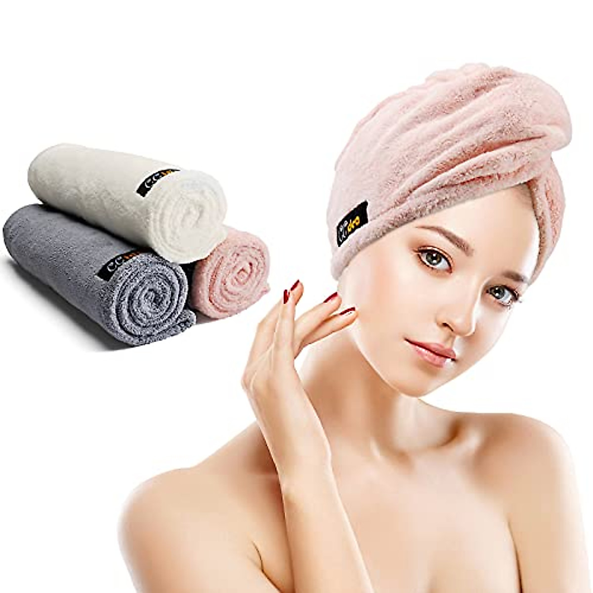 CCidea Microfiber Hair Towel 3 Pack Wrap Super Absorbent Twist Turban Dry Hair Caps Head Wrap Towels for Women (Long Fiber)