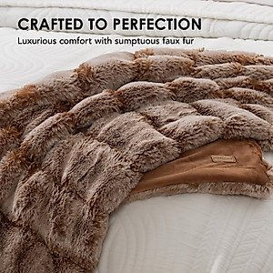 EVERGRACE Soft Rabbit Faux Fur Throw Blanket for Couch Bed, Luxury Cozy Fluffy Channel Blanket Warm Thick Mink Blanket with Reversible Plush Velvet for Winter, Caramel Brown, 60”x80”
