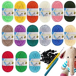 Wensdr 15 Acrylic Yarn Skeins 15 Colors x50g Colorful DIY Craft Cotton Threads and Craft Eyes,Crochet Hook Set 1640 Yards