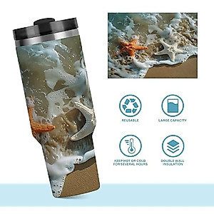 FRCSDIY Beach Shells Insulated Tumbler with Handle and Straw Lid,40oz Leakproof Stainless Steel Cup BPA-Free Water Bottle