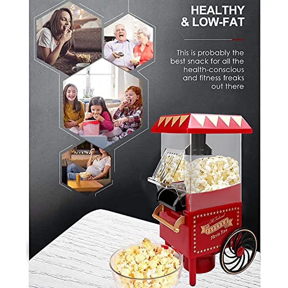 VAlinks Hot Air Popcorn Machine, Popcorn Maker, 1200W Home Electric Popcorn Popper with Kernel Measuring Scoop, Healthy Oil-Free & BPA-Free for Home, Birthday Party, Movie Night or Christmas (Small)