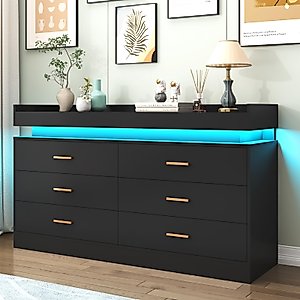 Hlivelood 6 Drawer Dresser with LED Light and Charging Station, Modern Chest of Drawers for Closet, Wide Drawer Organizer Cabinet for Bedroom, Living Room, Entryway, Hallway(Black)